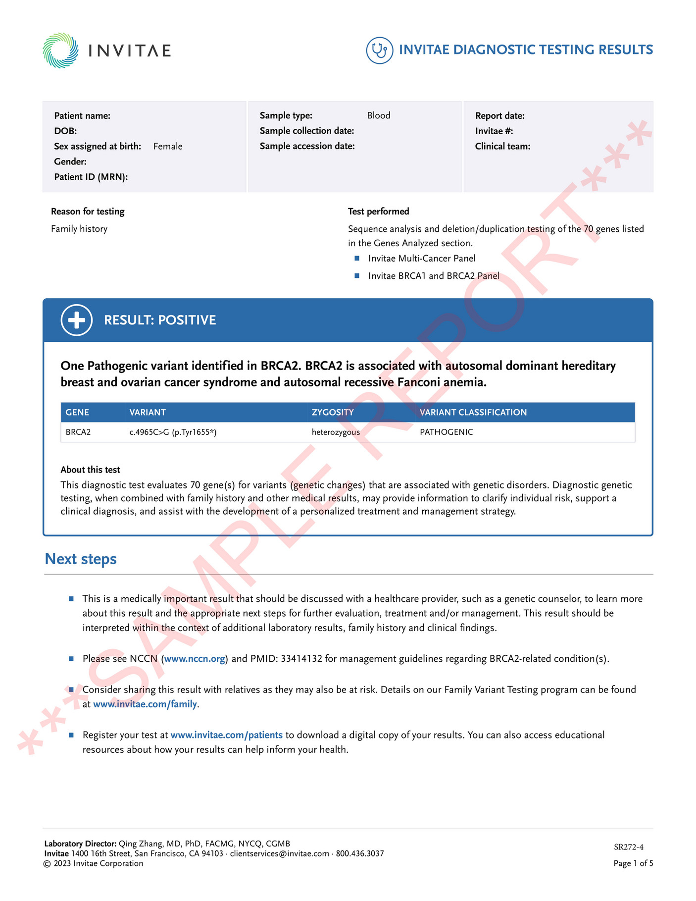 Invitae - SR272_Invitae_Sample_Report_BRCA2_Positive - Page 1