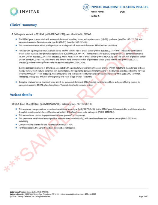 Invitae - SR272_Invitae_Sample_Report_BRCA2_Positive - Page 2
