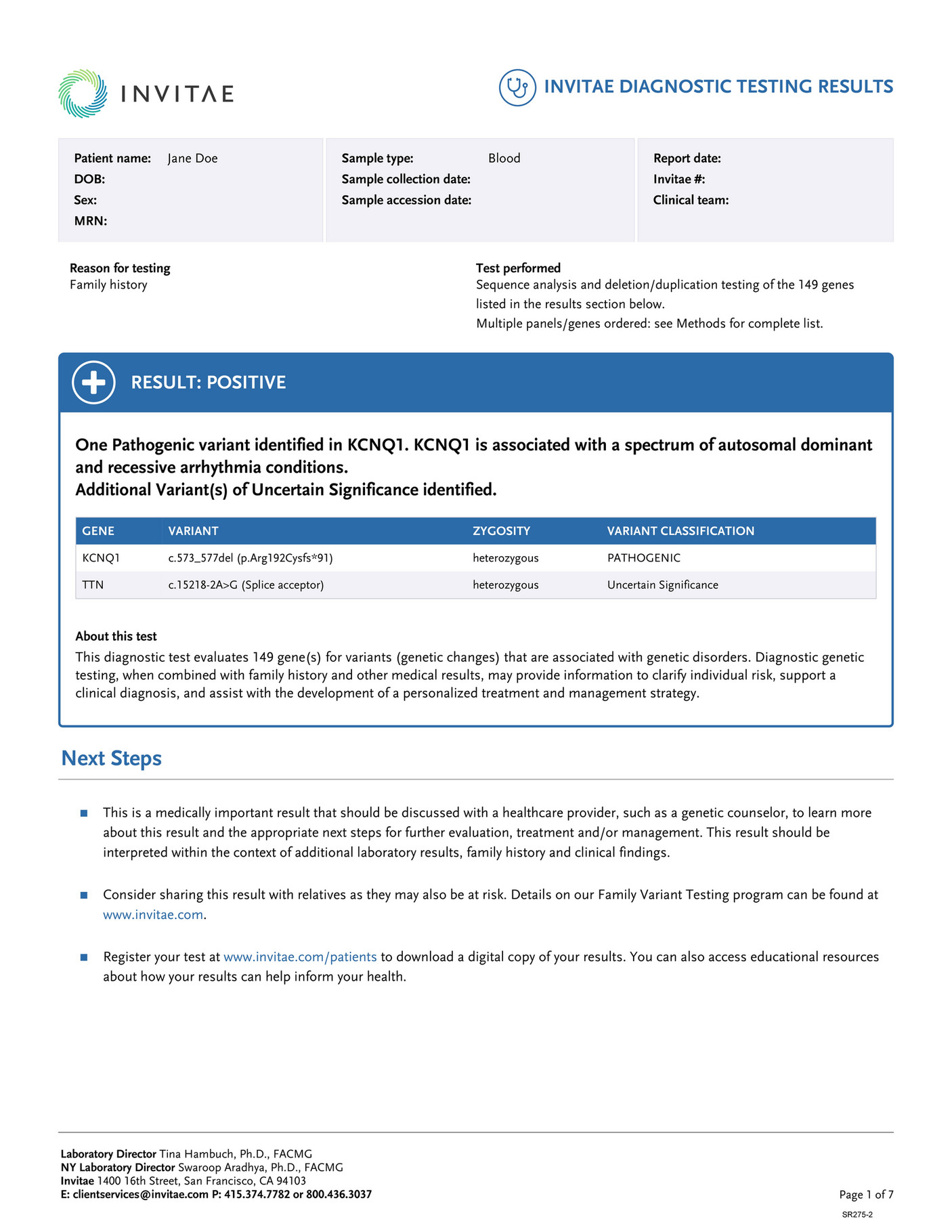 Invitae - SR275_Invitae_Sample_Report_KCNQ1_Positive - Page 1