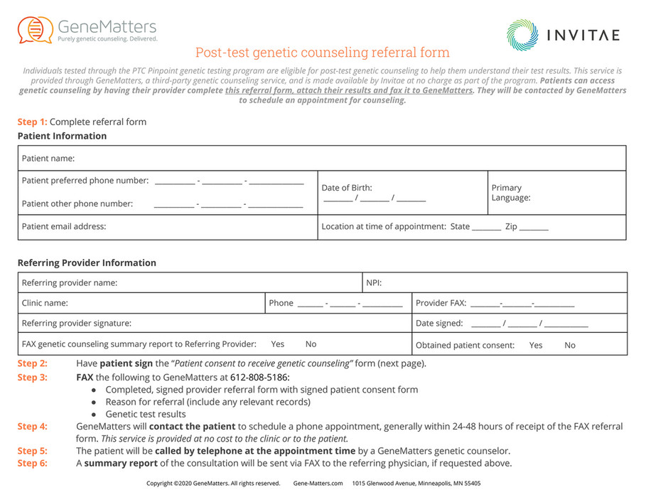 Invitae - GeneMatters_post_test_referral_form - Page 1