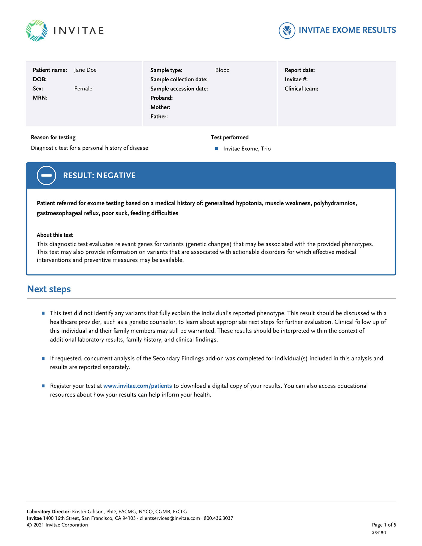 Invitae - SR419_Negative Example Exome Report - Page 1