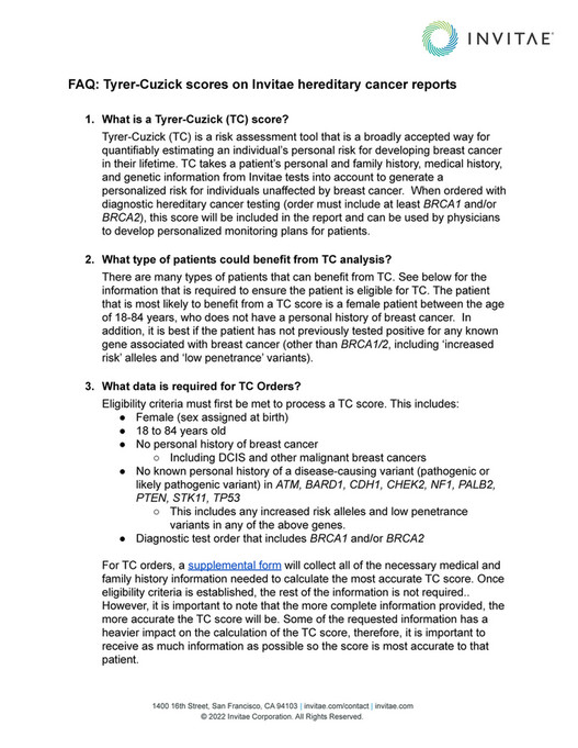 Invitae - Tyrer Cuzick Score FAQ - Page 1
