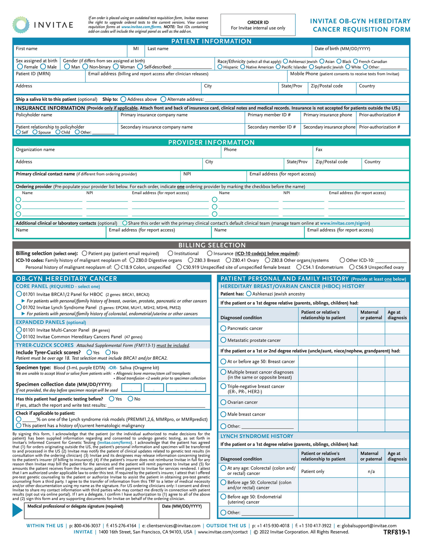 Invitae - TRF819 OB-GYN Hereditary Cancer Requisition Form - Page 2