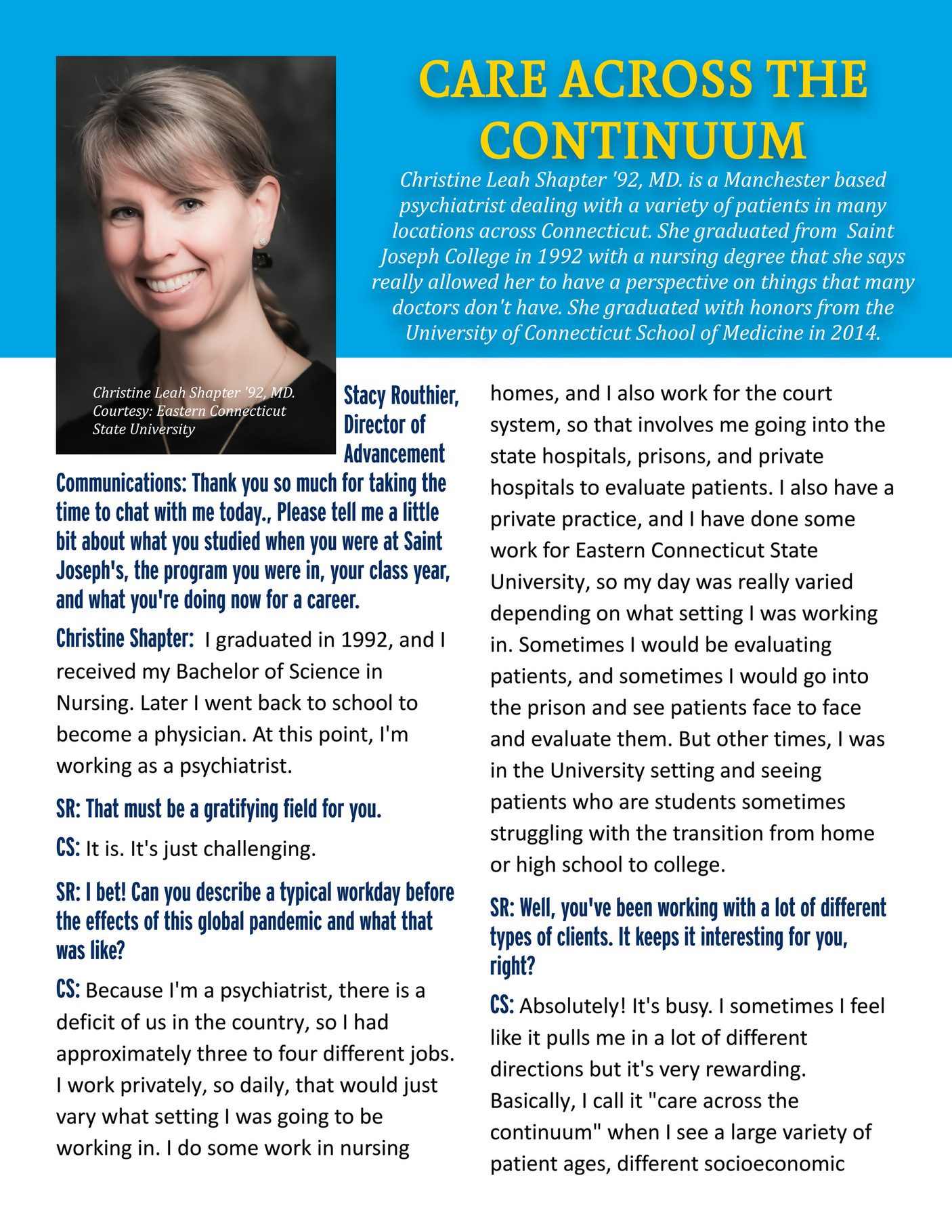 University of Saint Joseph - Christine Leah Shapter '92, MD. Interview ...