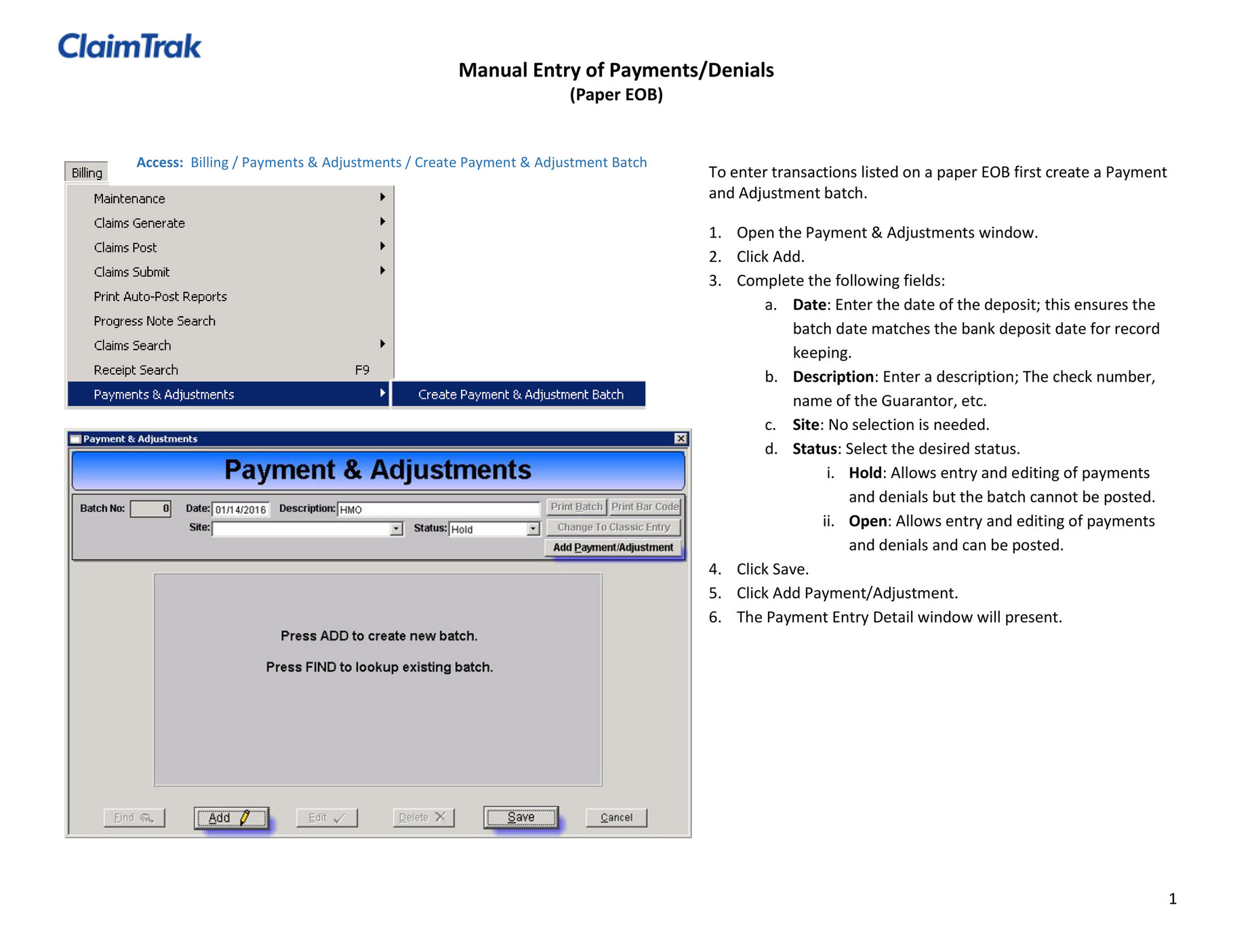 Claimtrak Manual Entry Of Eob Paper Eob Page 1 Created With