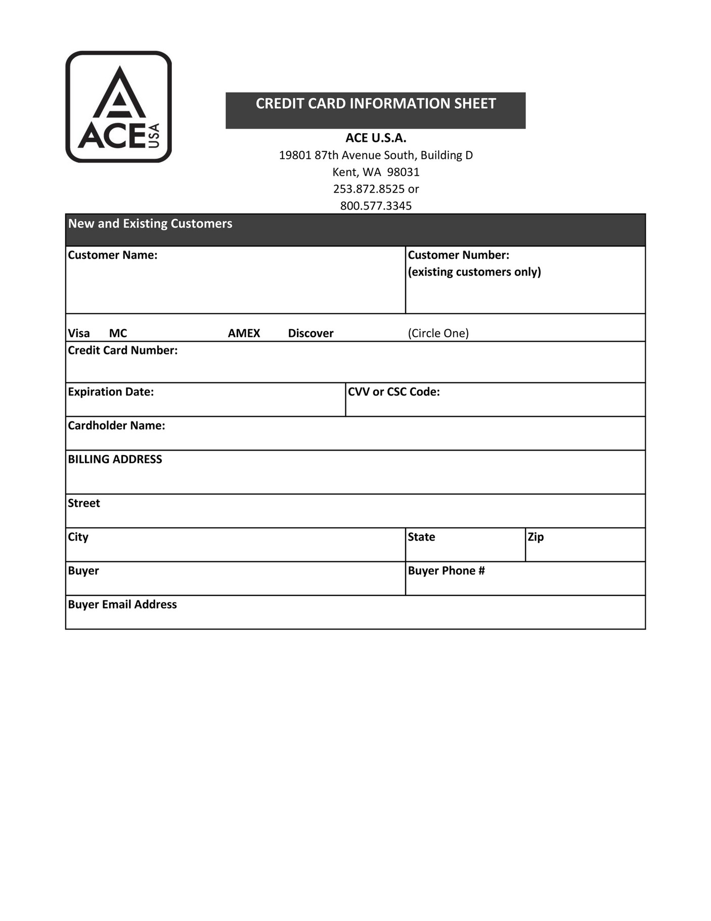 Ingram Sales - Ace USA Credit Card Information Sheet - Page 1 Ingram Sales - Ace USA Credit Card Information Sheet - Page 1