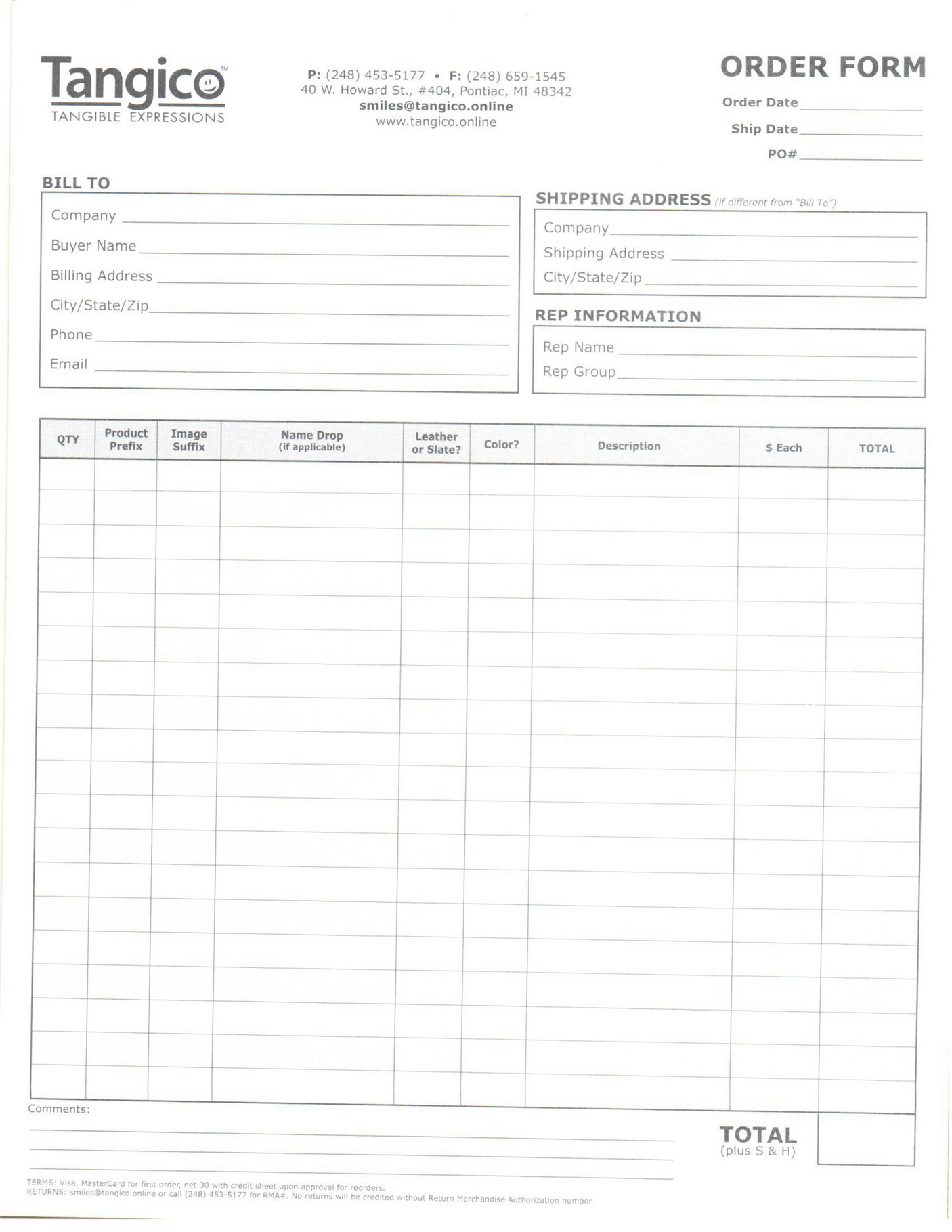 Ingram Sales - Tangico Blank Order Form - Page 1