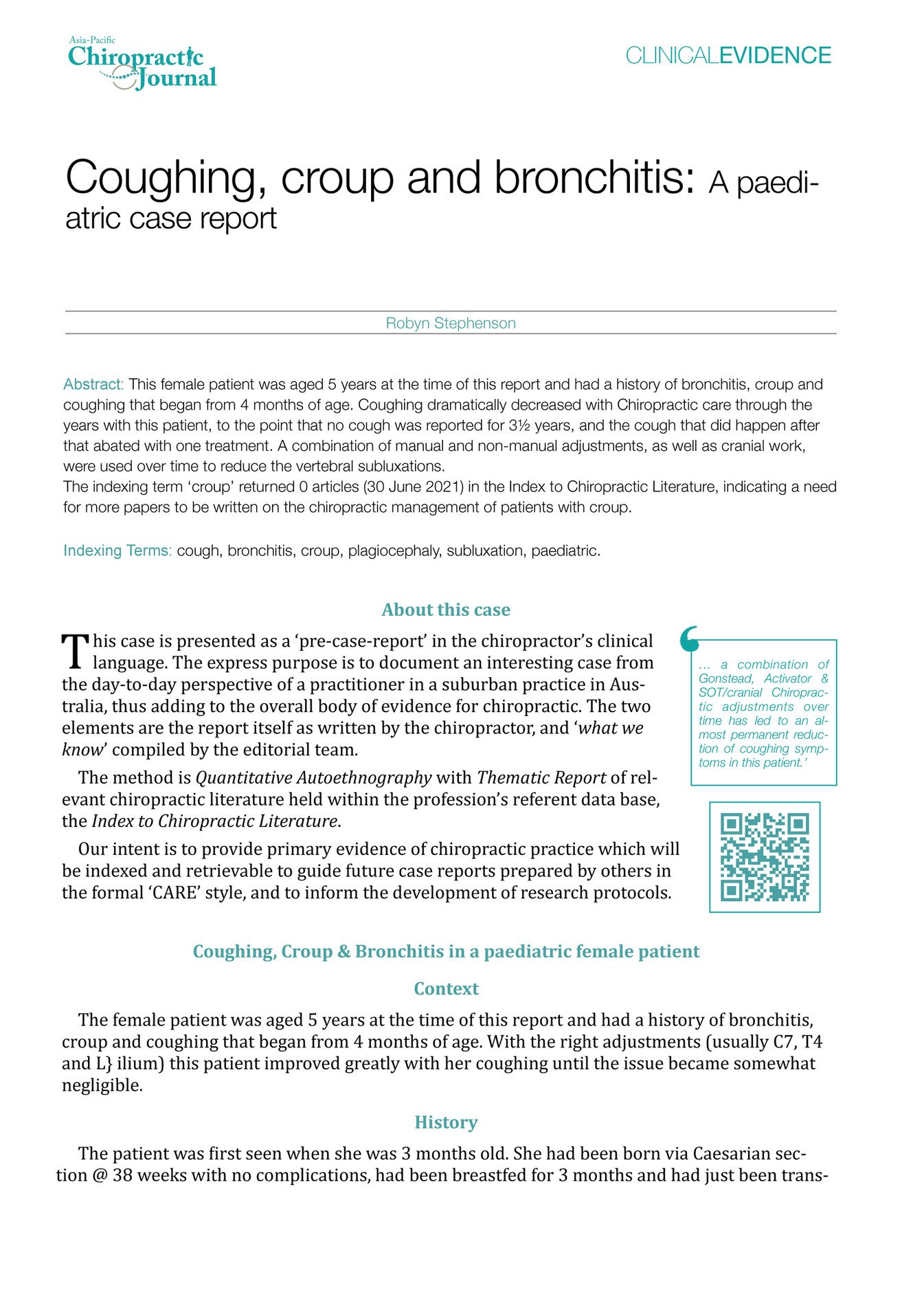 Asia-Pacific Chiropractic Journal - Coughing, Croup & Bronchitis - a paediatric case study - Page 1