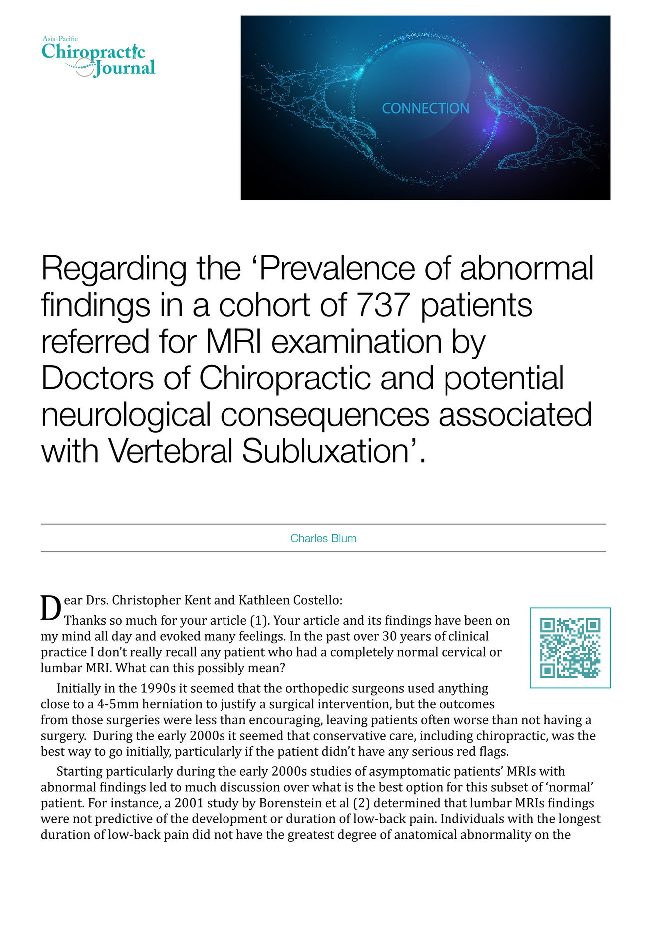 Asia-Pacific Chiropractic Journal - Blum on Kent MRI - Page 1
