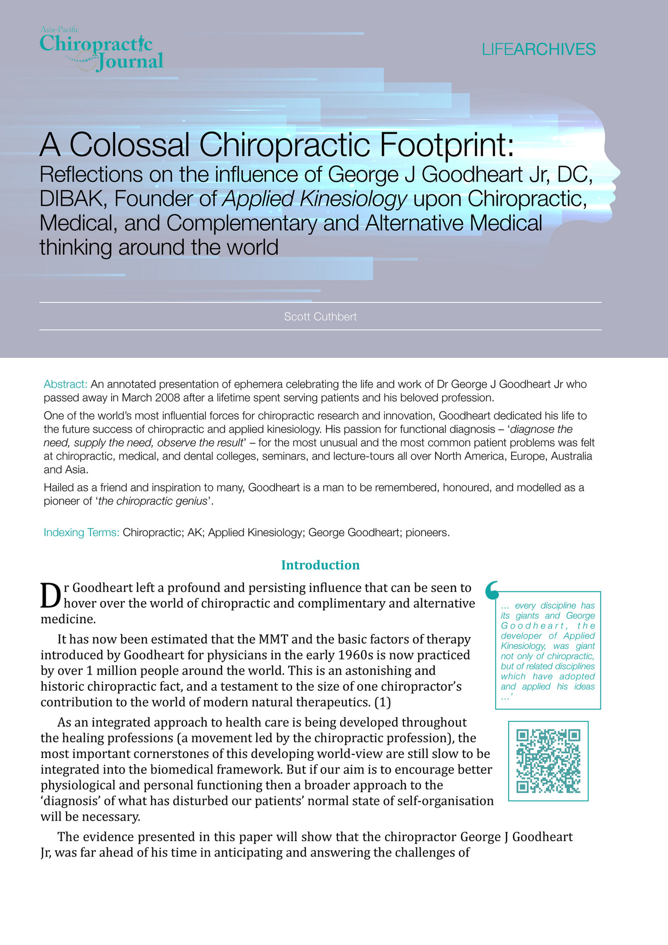 Cuthbert: A Colossal Chiropractic Footprint: Reflections on the ...