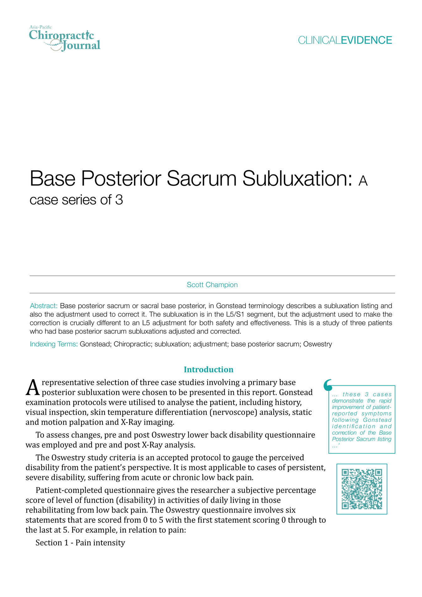 Champion S. Base Posterior Sacrum Subluxation: A case series of 3. Asia ...