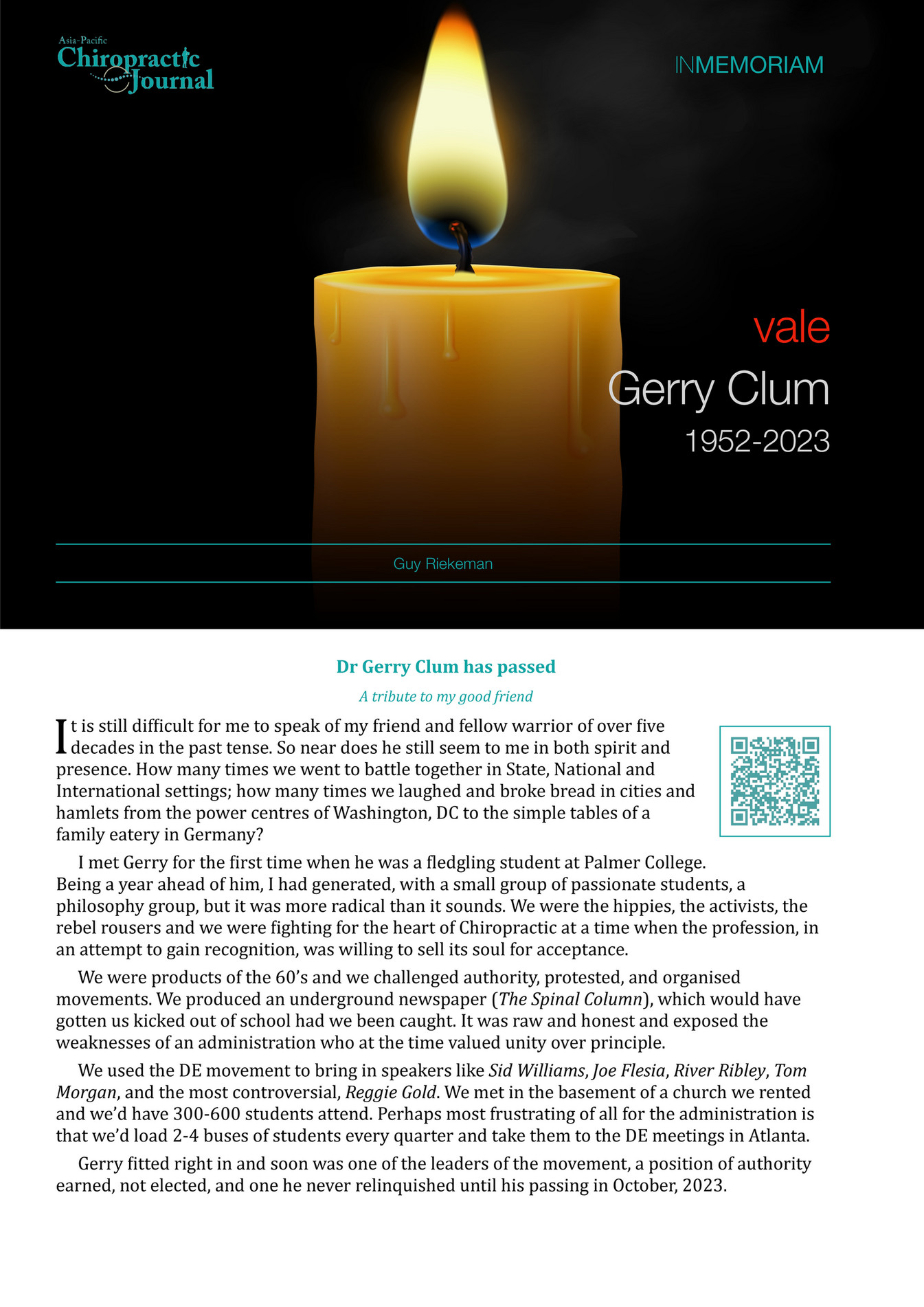 Riekeman G. Gerry Clum. [In Memoriam]. Asia-Pac Chiropr J. 2024;4.3 ...