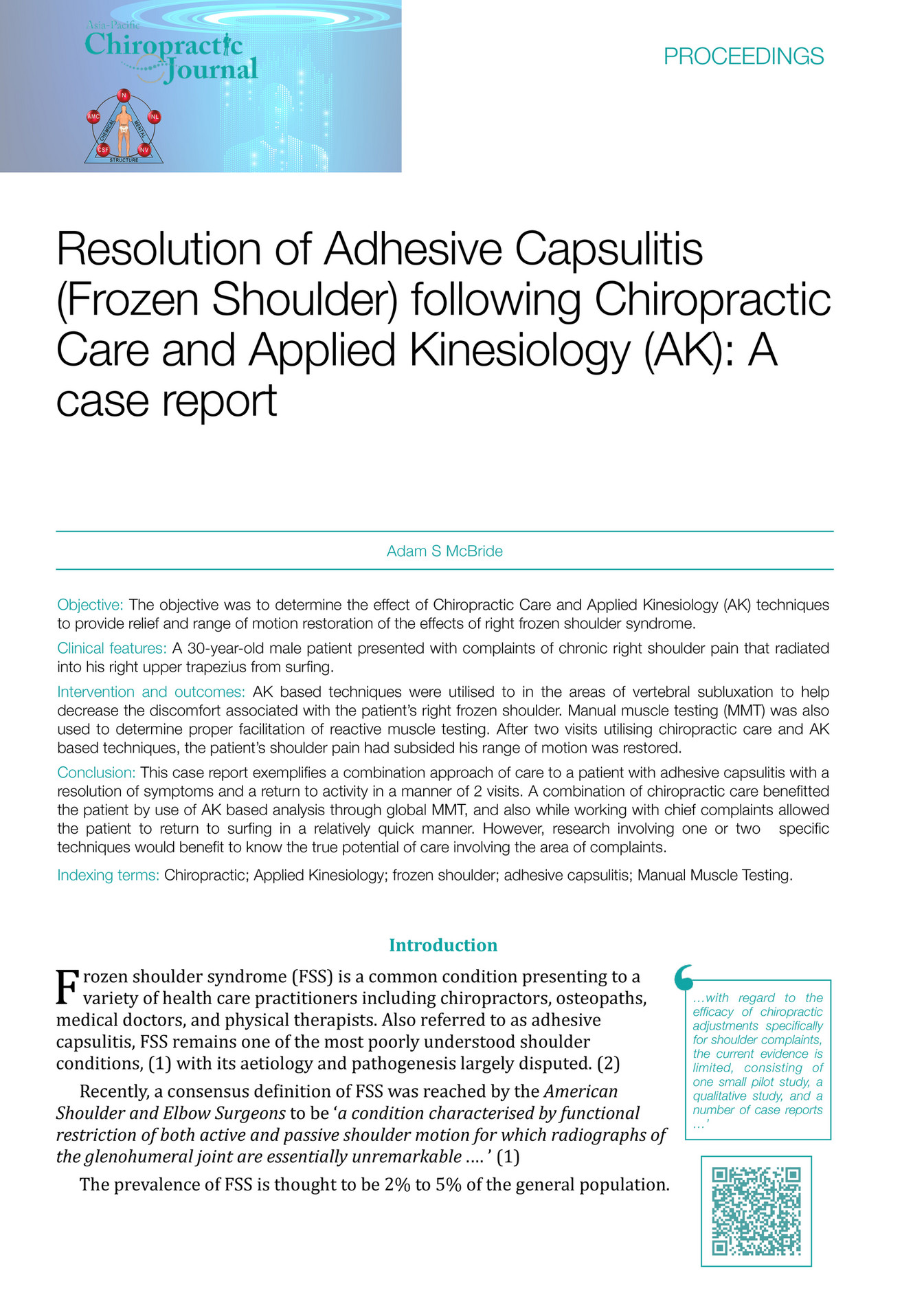 Chiropractic; Applied Kinesiology; frozen shoulder; adhesive capsulitis ...