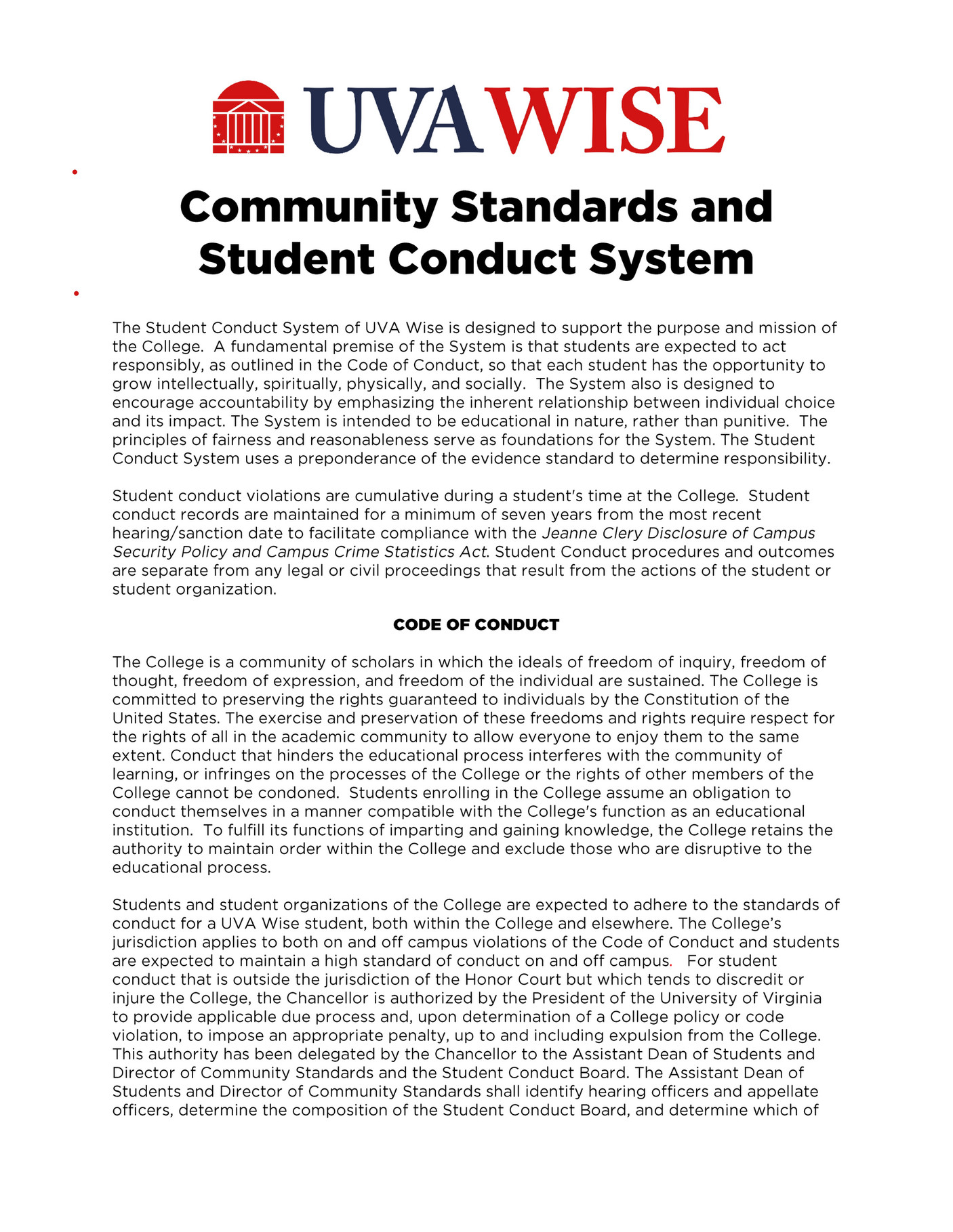 University of Virginia's College at Wise - Student Conduct System - Page 1