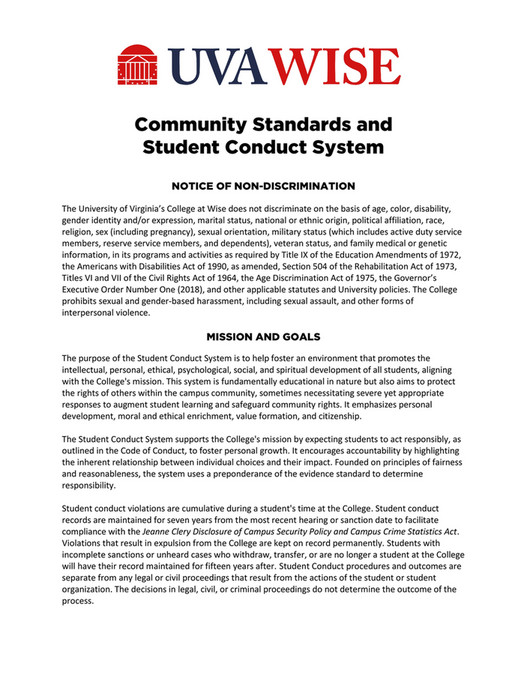 University of Virginia's College at Wise - Student Conduct System - Page 1