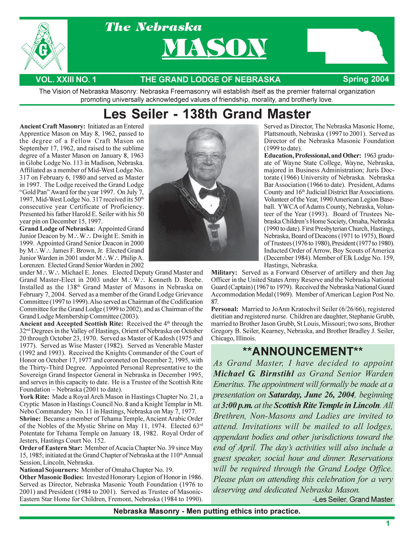 Nebraska Mason - Nebraska Mason - March 2004 - Page 2-3 - Created with ...