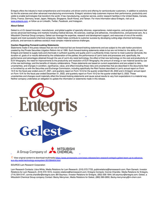 Mitsubishi Chemical America - Lam Research, Entegris, Gelest Team Up to ...