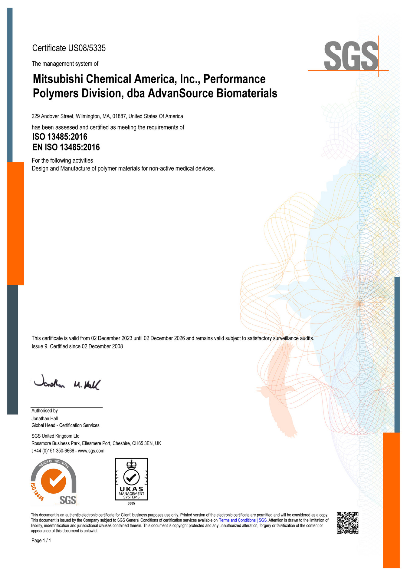 Mitsubishi Chemical America - ASB_ISO Certificate - Page 1