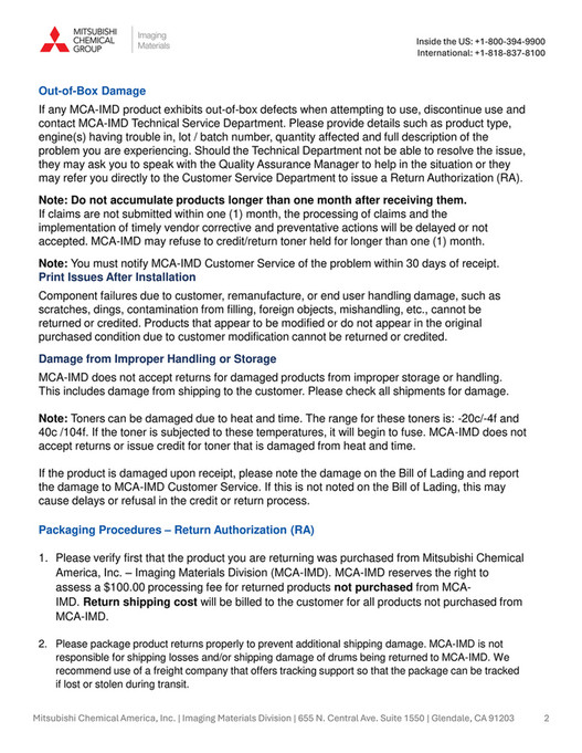 Mitsubishi Chemical America - Imaging Materials Shipping & Return ...