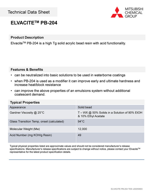 Mitsubishi Chemical America - TDS_Elvacite PB-204 - Page 1