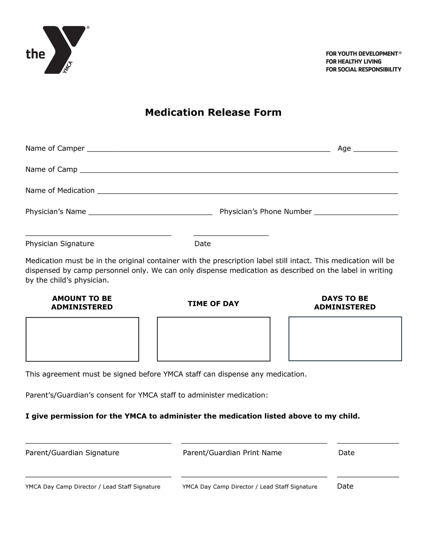 Los Altos Family YMCA - Medication Release Form - Page 1