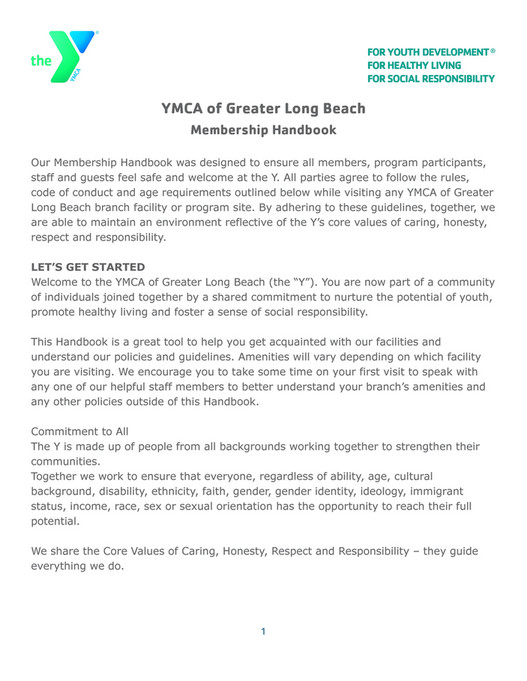 Long Beach YMCA Membership Handbook - Page 1