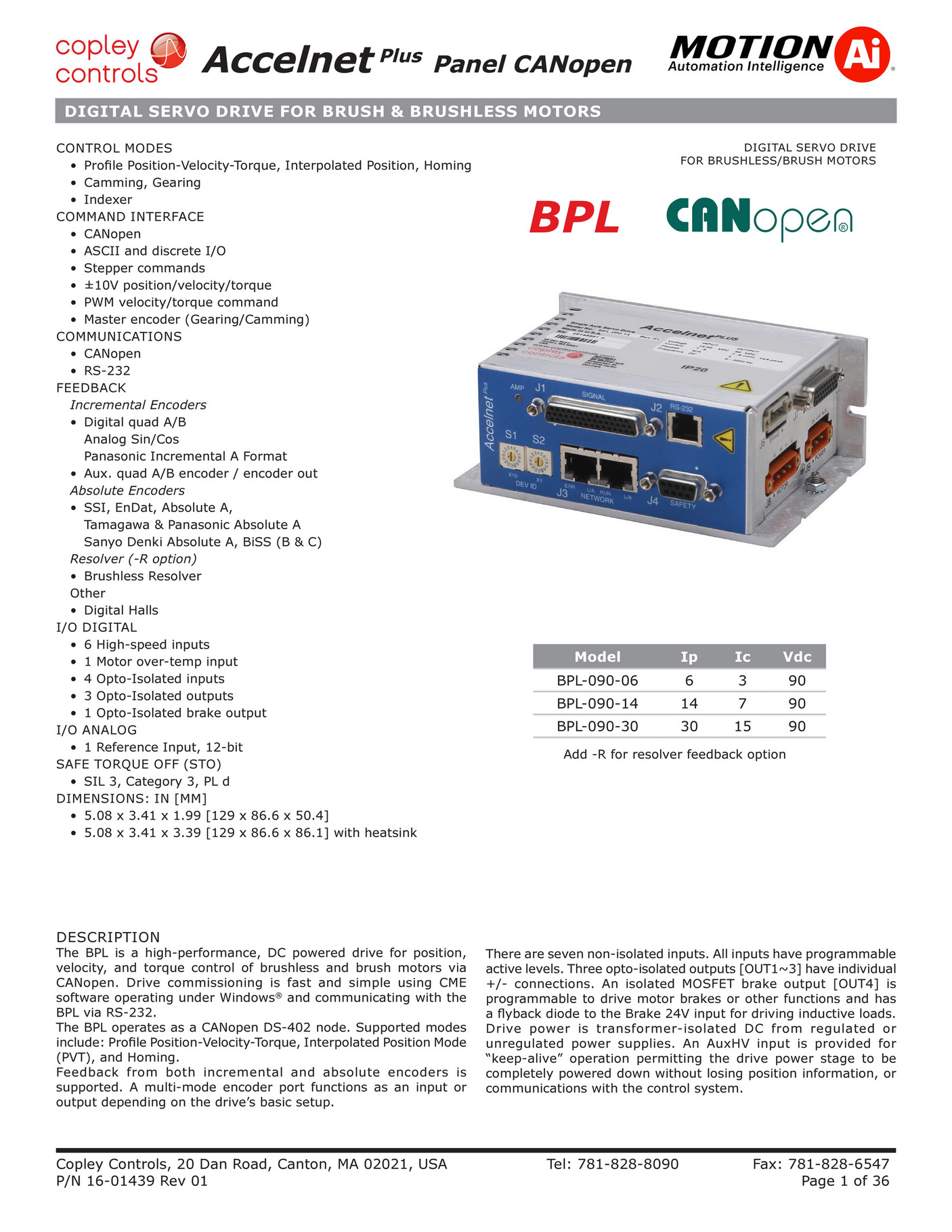 Motion Ai - Accelnet Plus Panel CANopen BPL Data Shet - Copley Controls ...