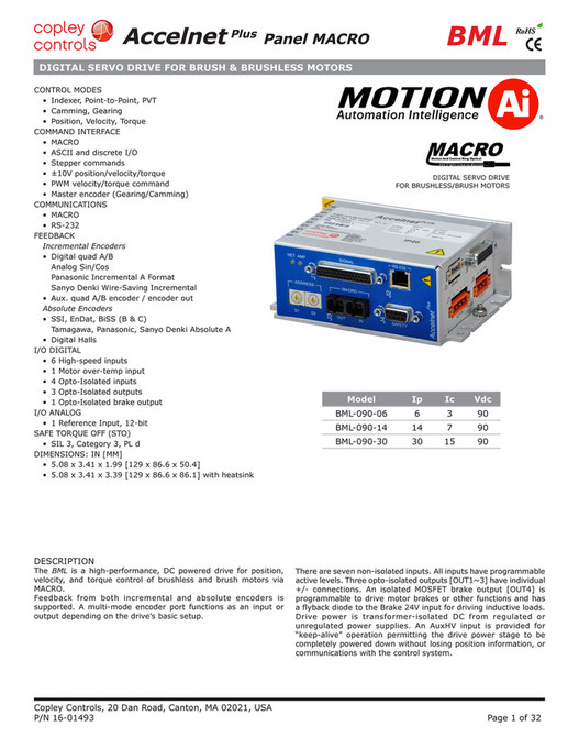 Motion Ai - Accelnet Plus Panel MACRO BML Datasheet - Copley Controls - Page 1