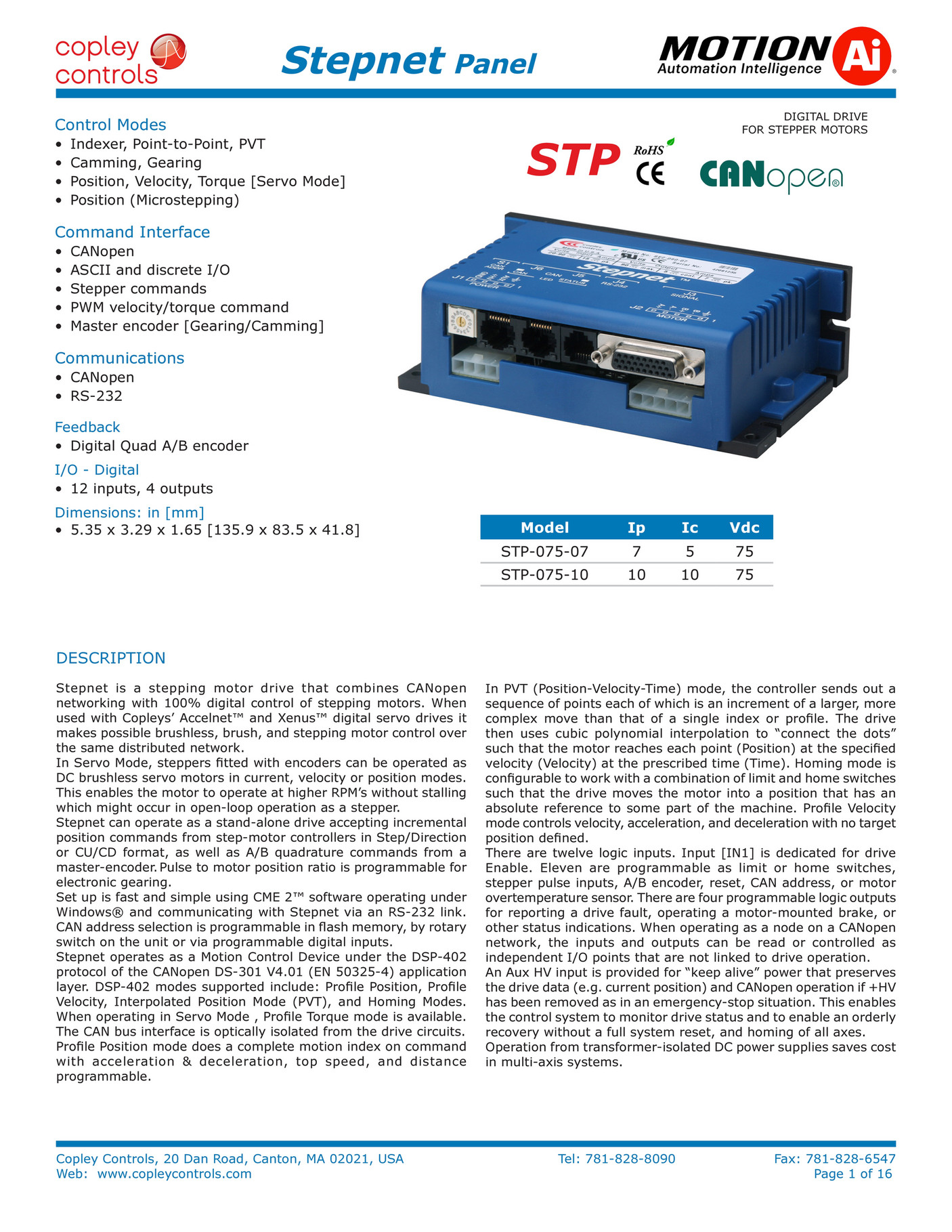 Motion Ai - Stepnet_Panel DCCANopen Datasheet - Copley Controls - Page 1