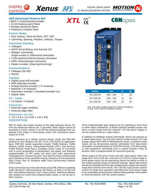 Motion Ai - Xenus Advanced Data Sheet - Copley Controls - Page 1