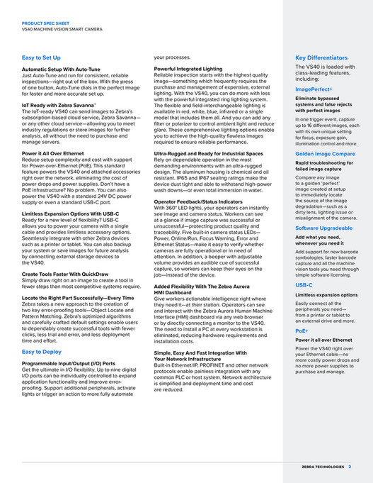 Motion Ai - VS40 Spec Sheet - Zebra Technologies - Page 2-3