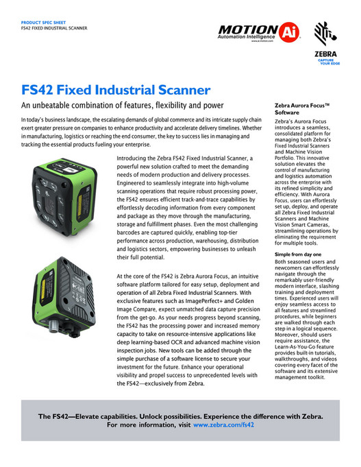 Motion Ai - Zebra - MiAi - FS42 Fixed Industrial Scanner Spec Sheet ...