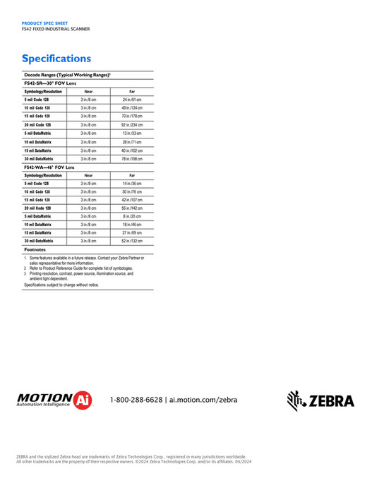Motion Ai - Zebra - MiAi - FS42 Fixed Industrial Scanner Spec Sheet - Page 4-5