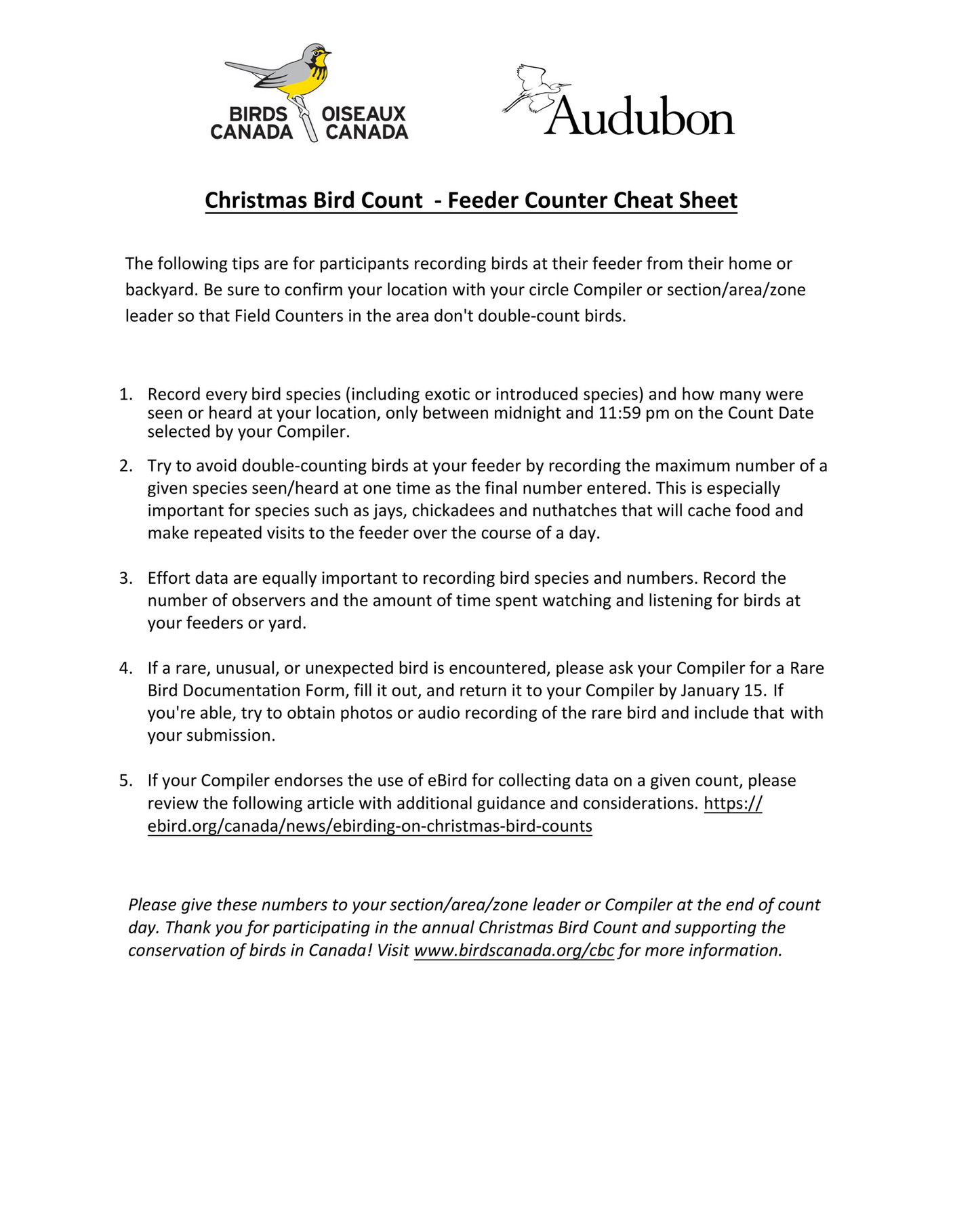 Birds Canada - Feeder Counter's Guide to CBC_Cheat Sheet with datasheet ...