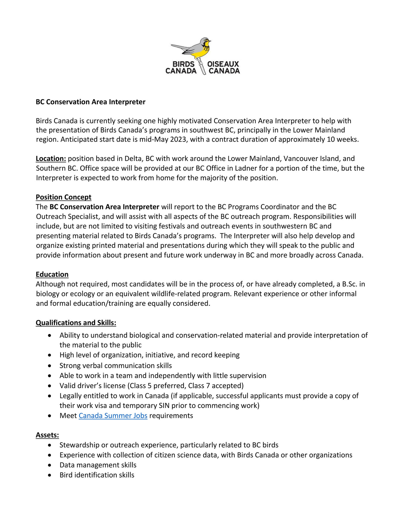 Birds Canada - 2023 - BC Conservation Area Interpreter Job Description ...