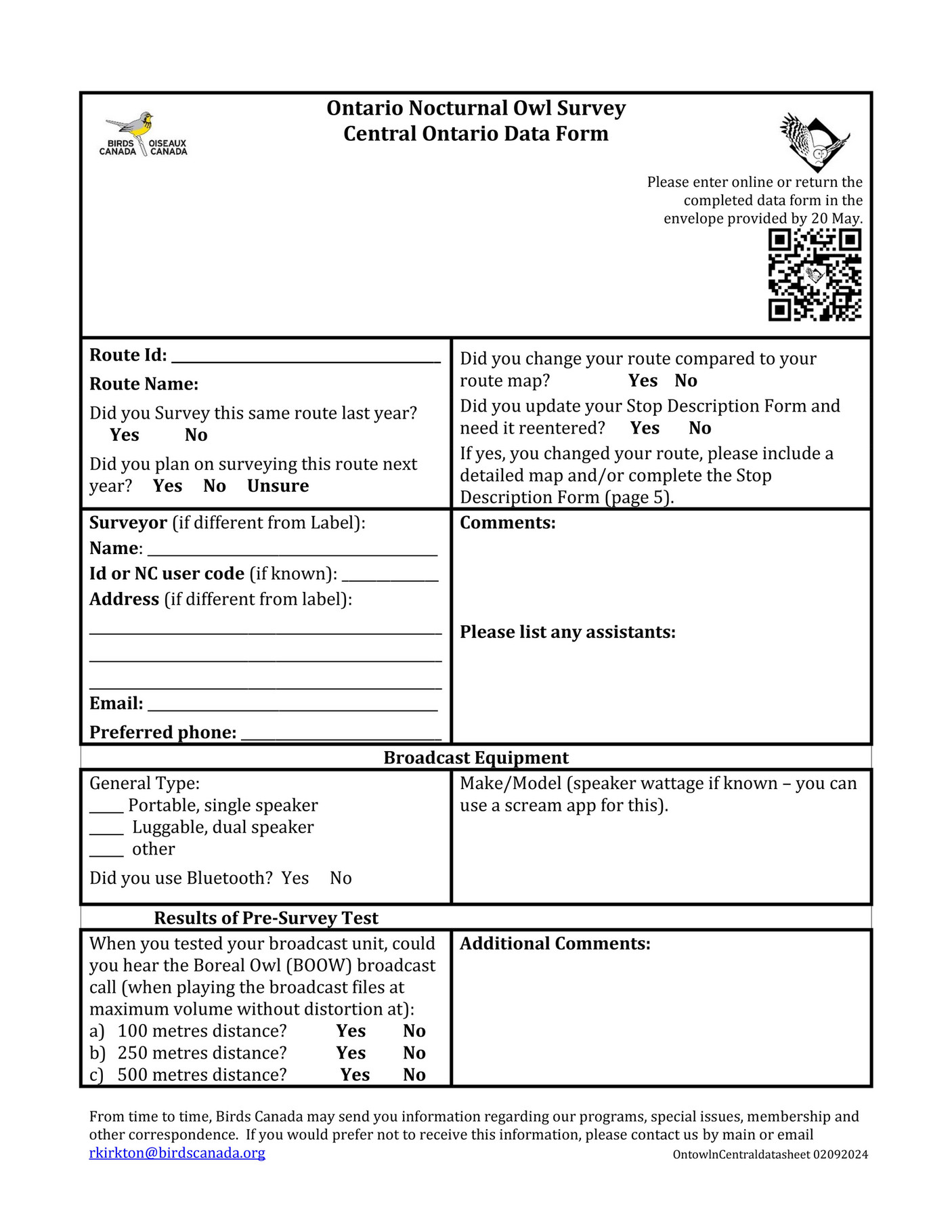 Birds Canada - Ontario Nocturnal Owl Survey - Central Ontario Survey ...