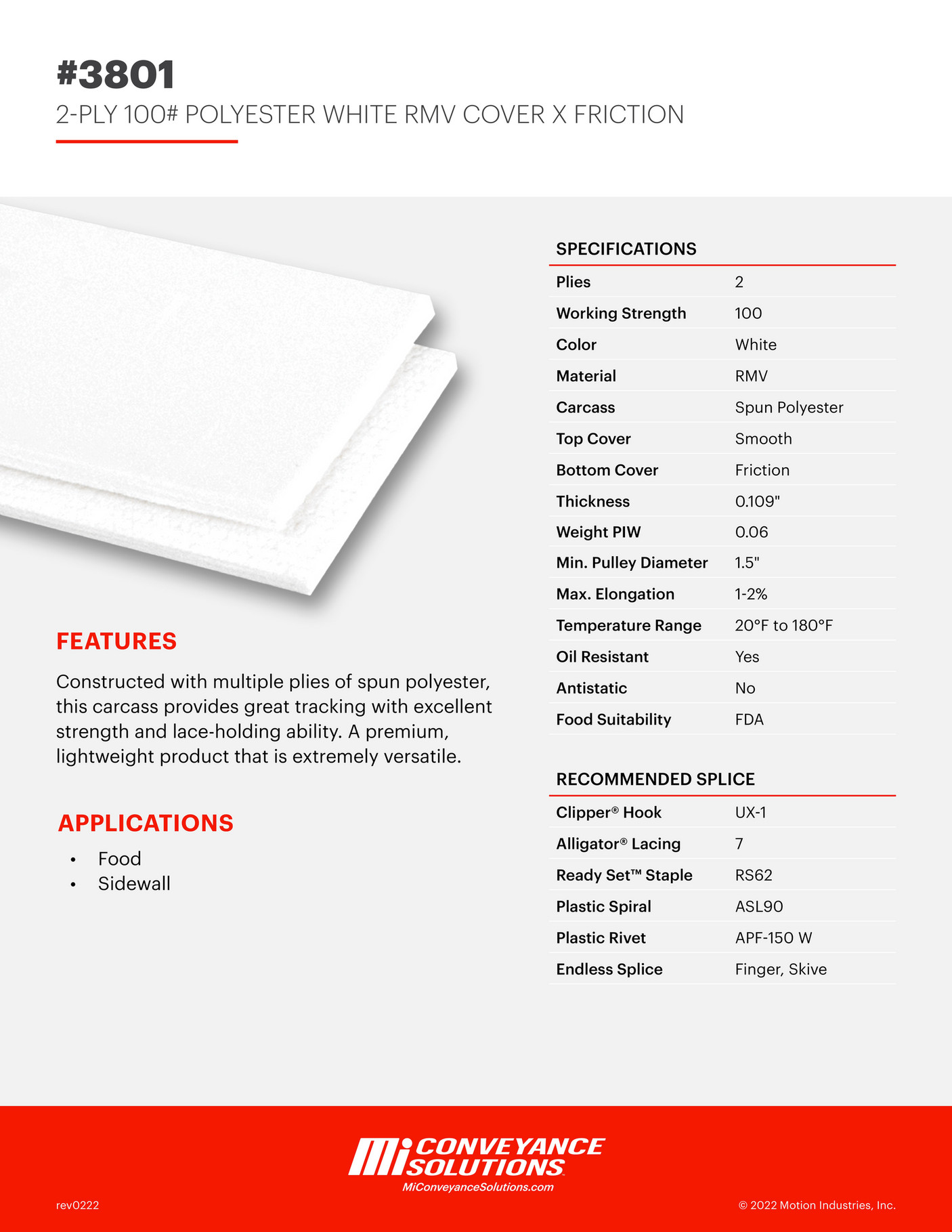 #3801 2-Ply 100# Polyester White RMV Cover x Friction - Mi Conveyance ...