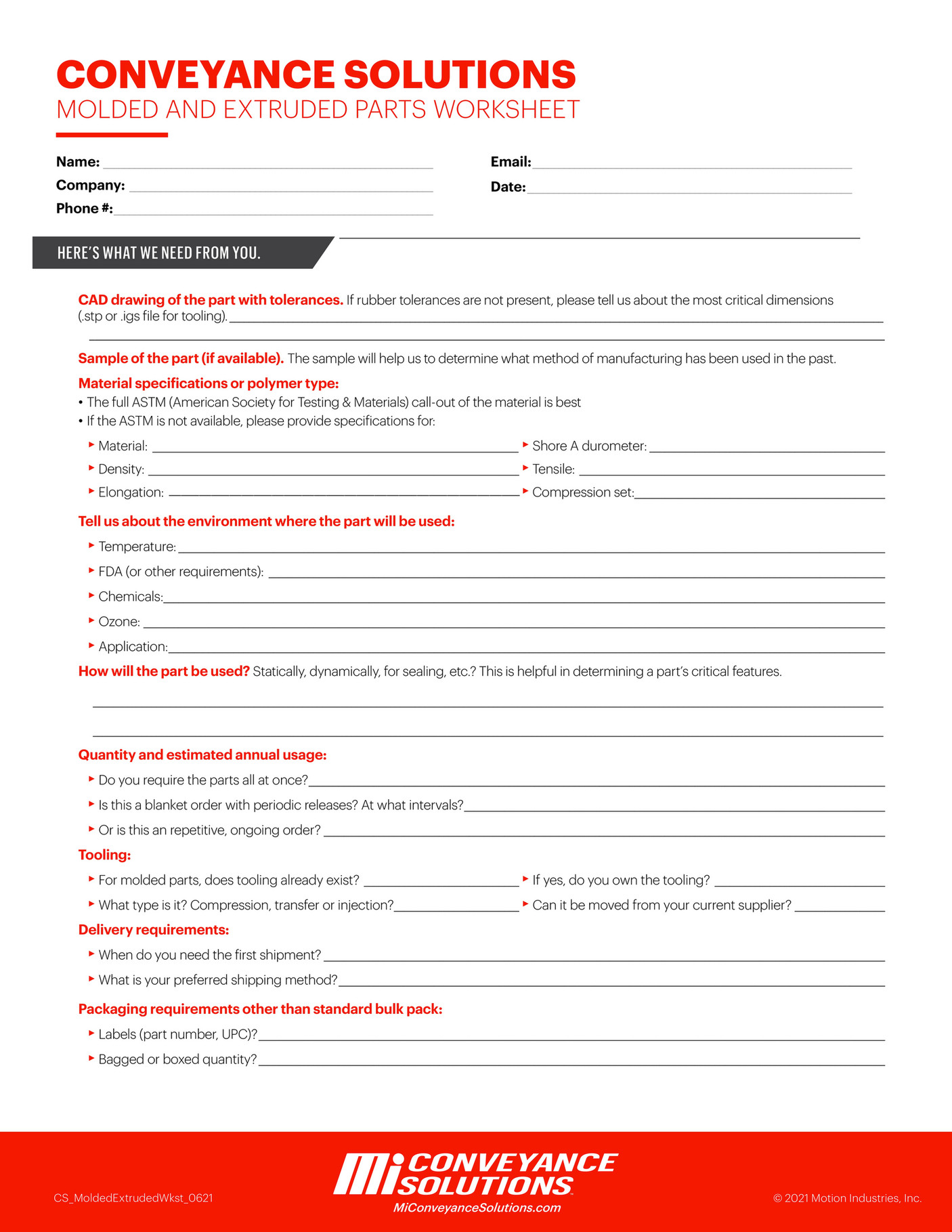 Molded and Extruded Rubber Worksheet - Mi Conveyance solutions - Page 1