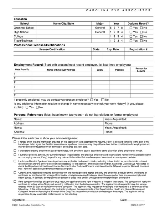 Carolina Eye Associates - Employment Application - Page 2