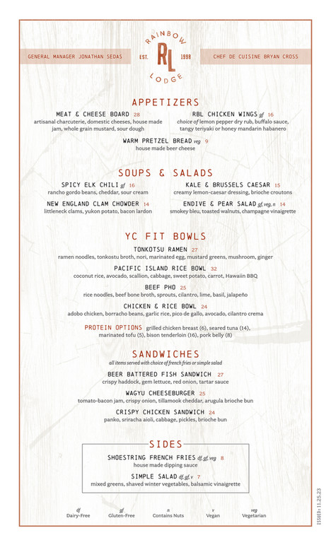 Yellowstone Club - Rainbow Lodge Menus - Page 1