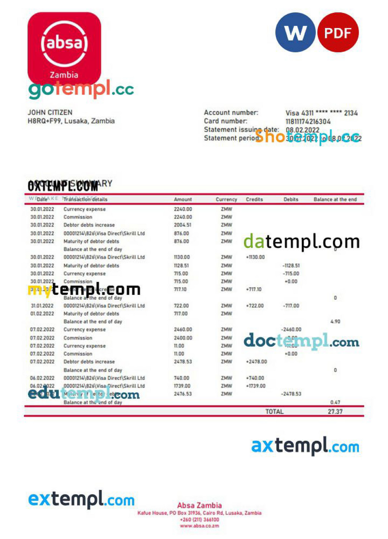 Doctempl - Zambia Absa banking statement template in Word and PDF ...