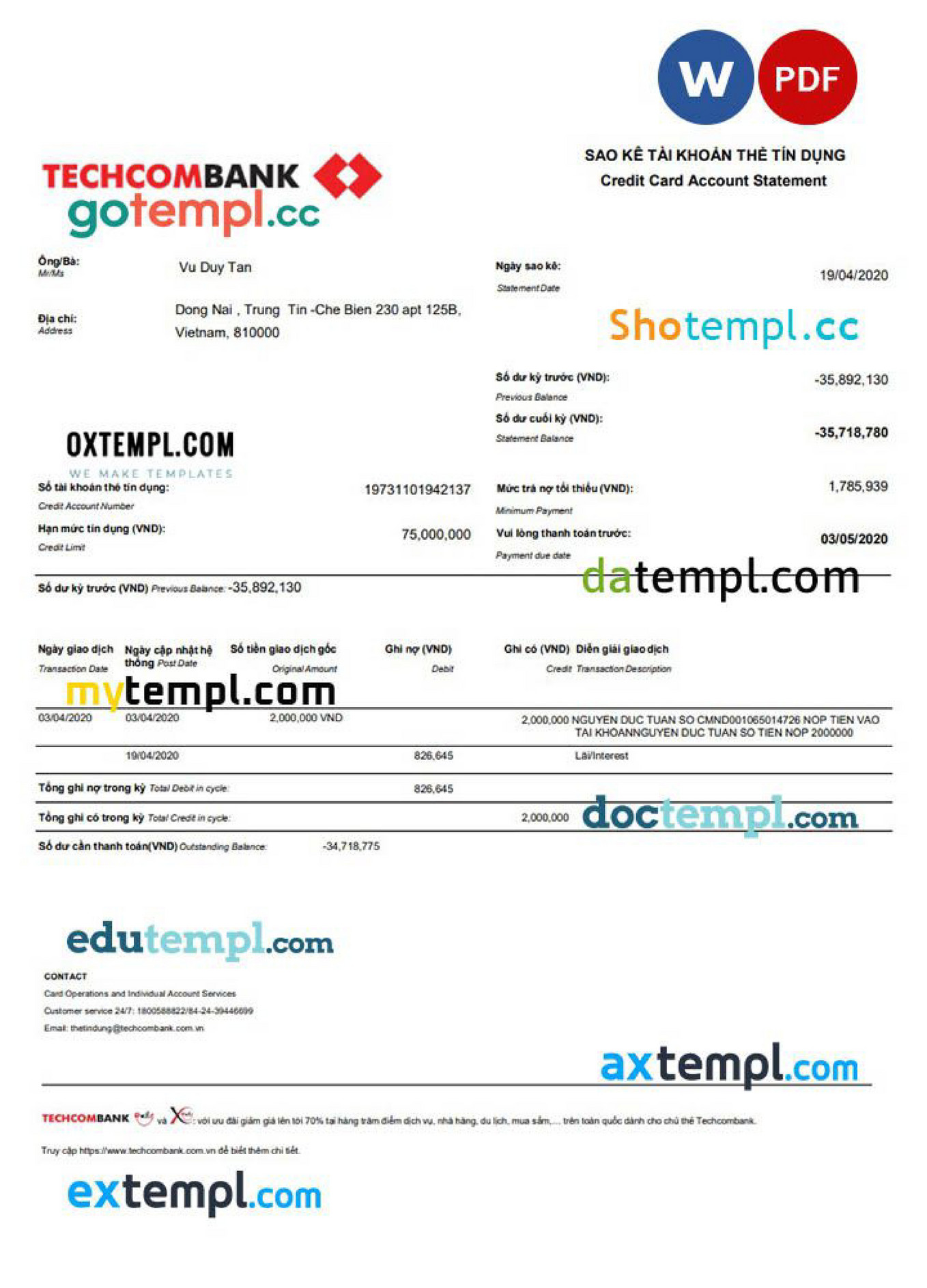 Doctempl - Vietnam Techcombank account statement template in Word and PDF format - Page 1