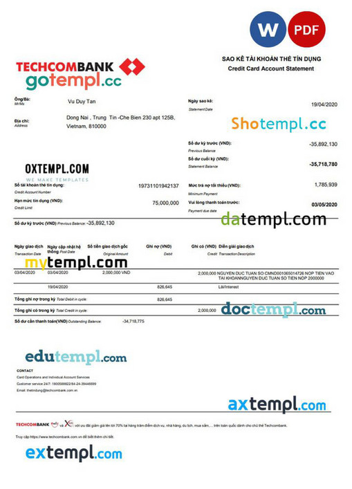 Doctempl - Vietnam Techcombank account statement template in Word and PDF format - Page 1