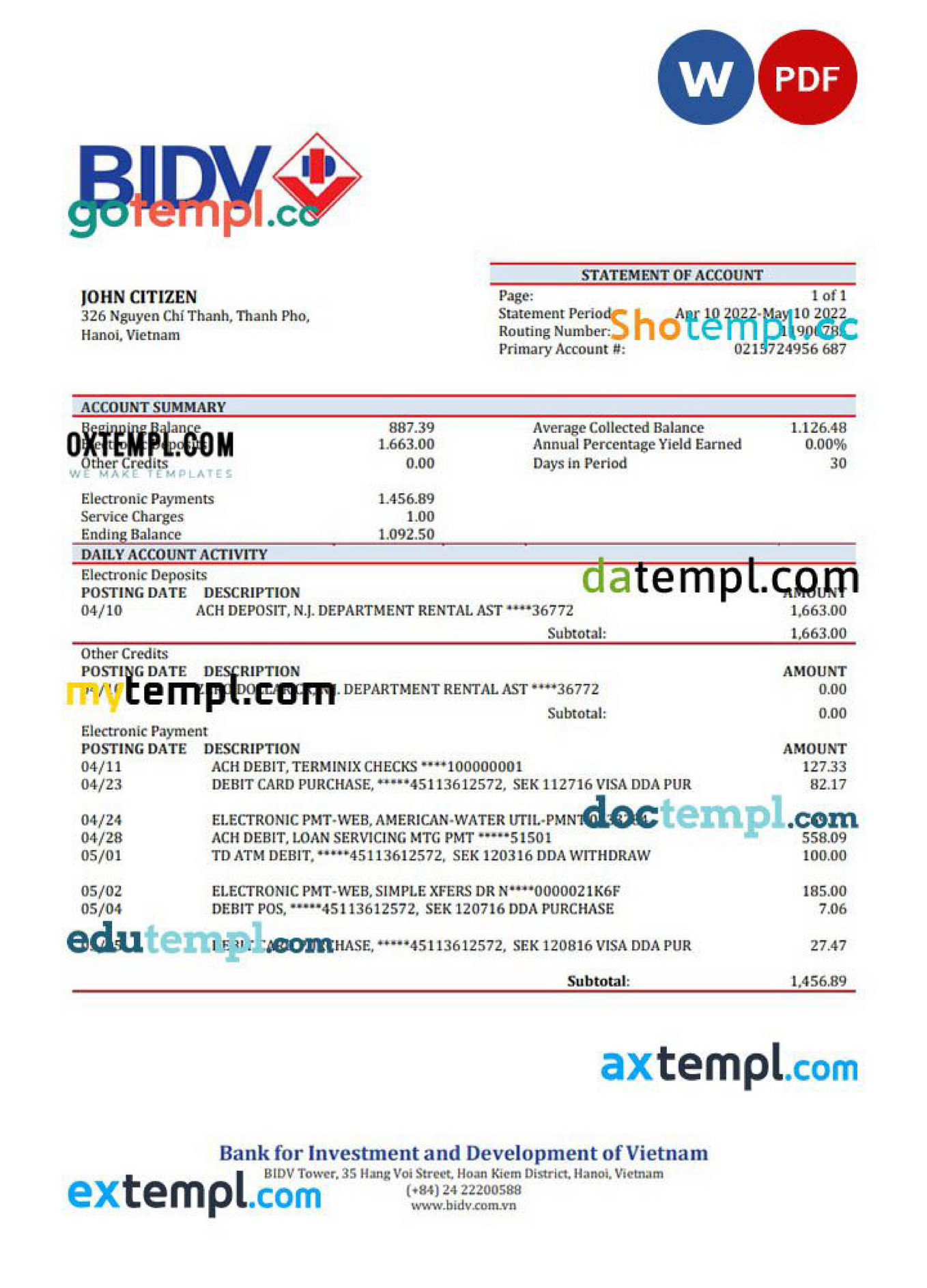 Doctempl - Vietnam BIDV banking statement template in Word and PDF format - Page 1