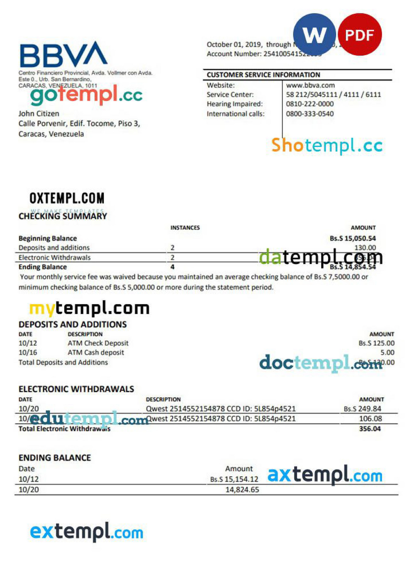 Doctempl - Venezuela BBVA bank proof of address statement template in Word and PDF format (.doc ...