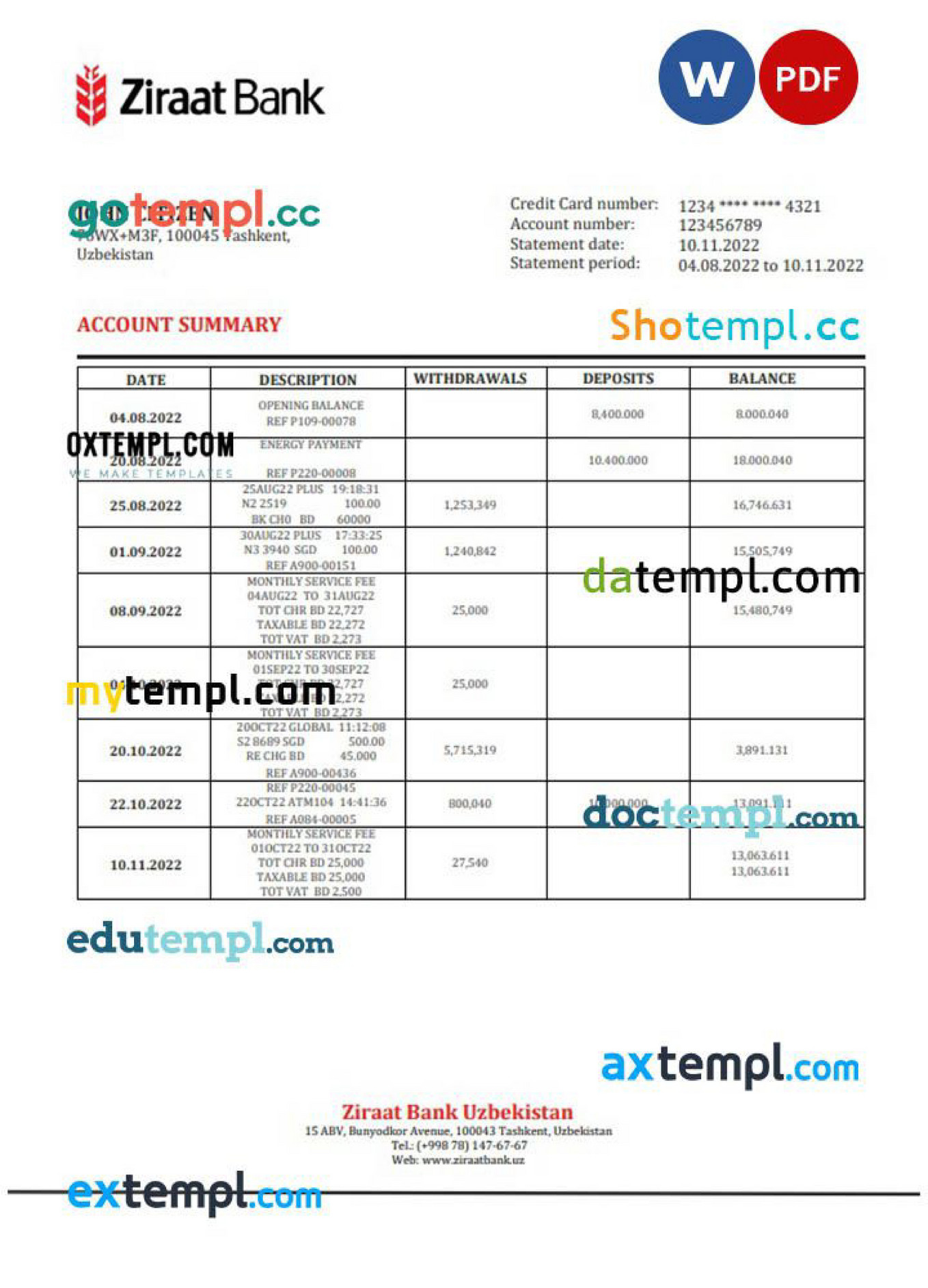 Doctempl - Uzbekistan Ziraat banking statement template in Word and PDF ...