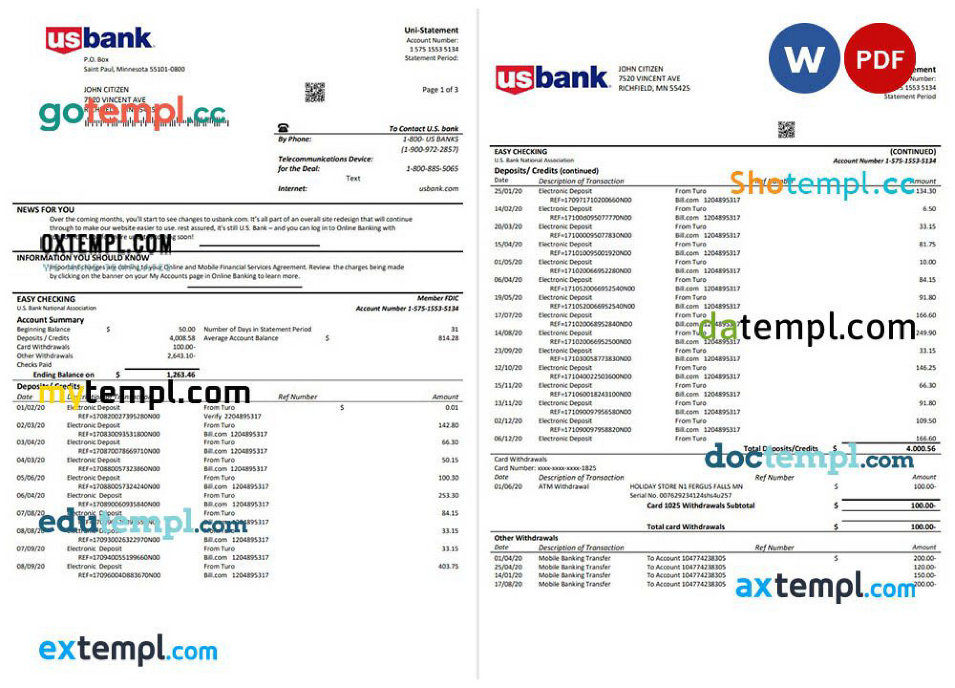 Doctempl - USA U.S. banking statement template in Word and PDF format ...