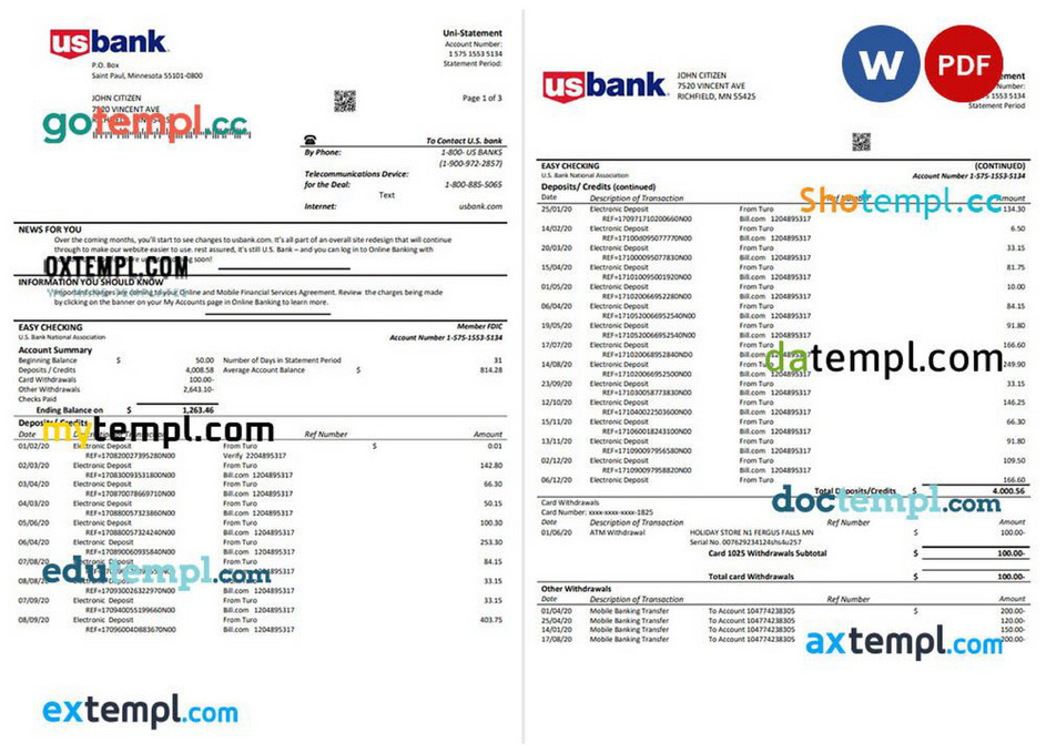 Doctempl - USA U.S. banking statement template in Word and PDF format (3 pages) - Page 1