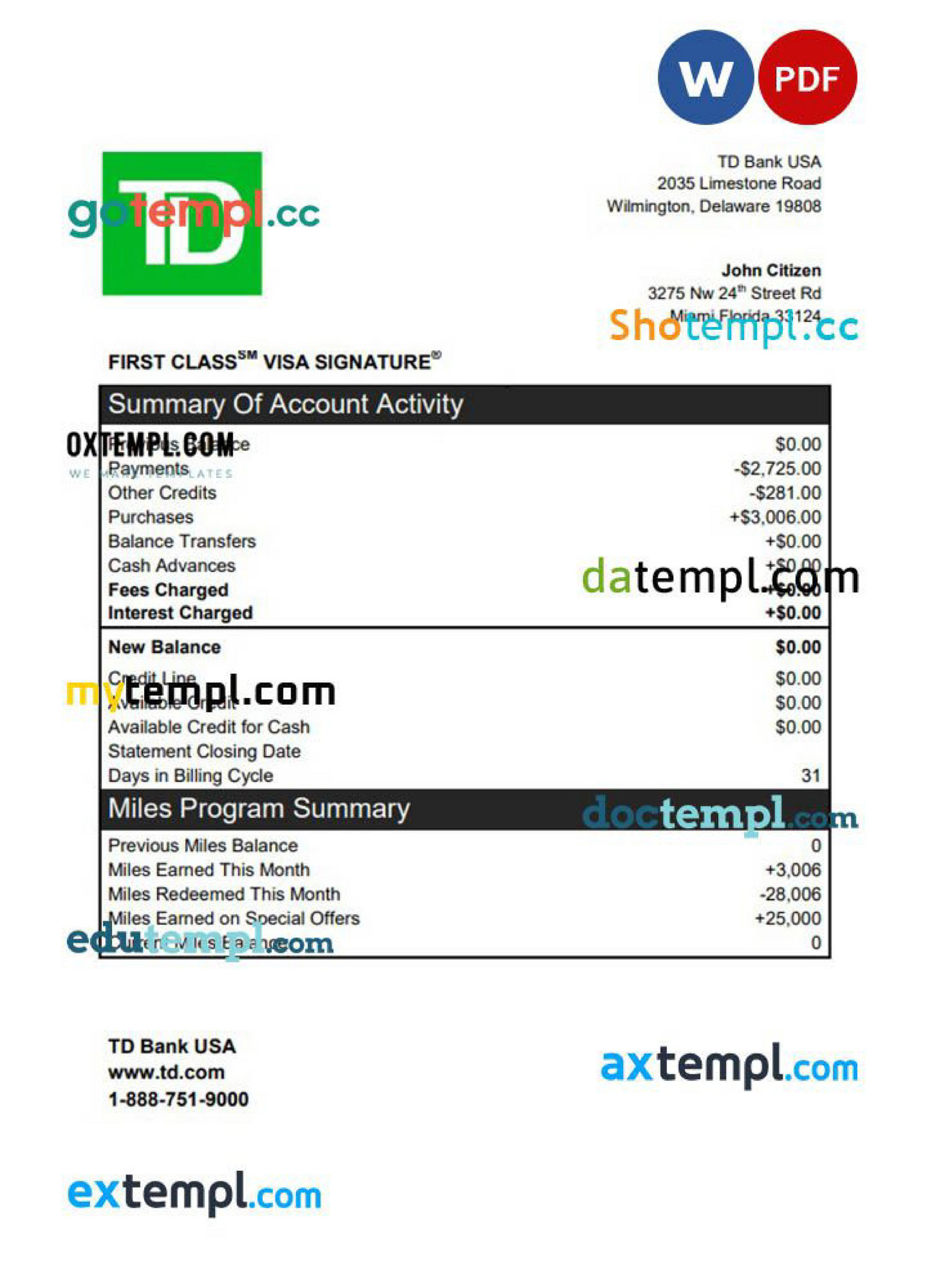 Doctempl - USA TD bank credit card statement template in Word and PDF ...