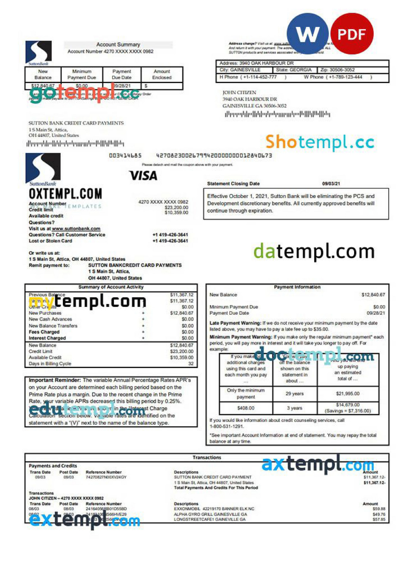 Doctempl - USA Sutton bank credit card statement template in Word and ...